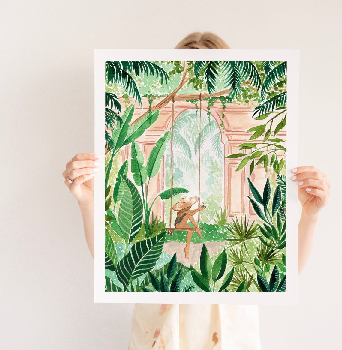 Boho Tropical Art Print, Gouache , Woman on Swing (Various Sizes ...