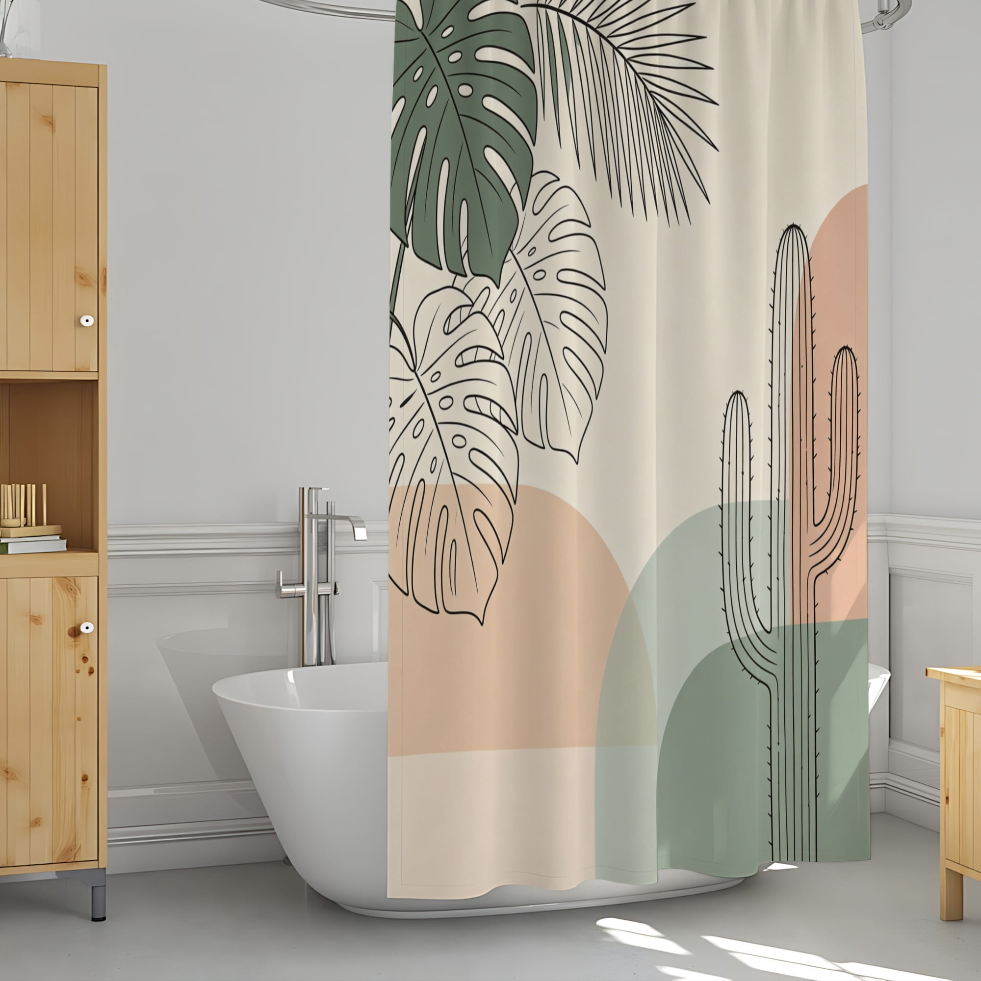 Boho Tropical Desert Line Art Shower Curtain, Water-Repellent Fabric ...
