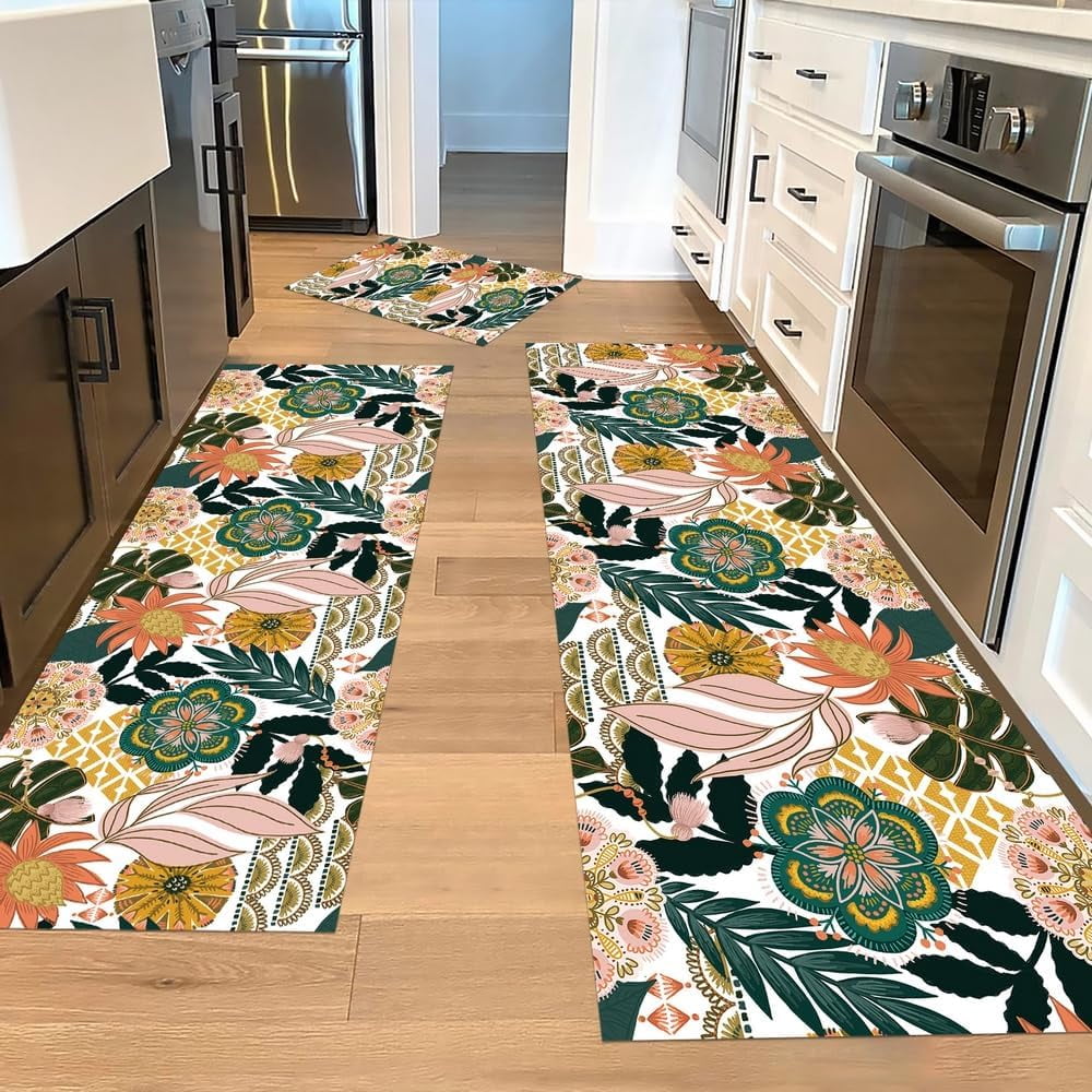 Boho Tropical Leaves Kitchen Rugs Sets of 3,Non Slip Rubber Kitchen ...
