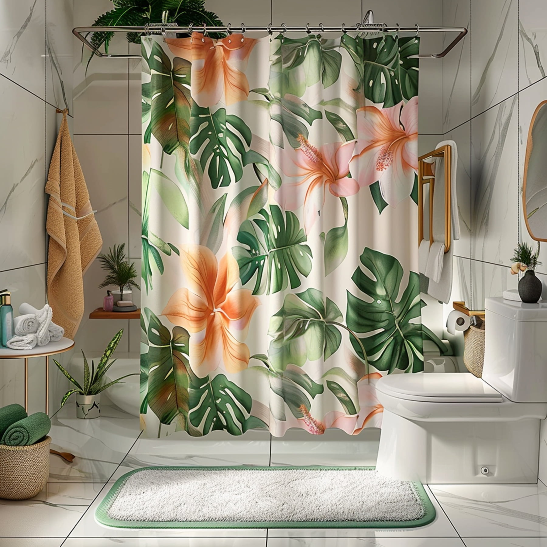 Boho Tropical Rainforest Shower Curtain White and Green Marble Tiles ...