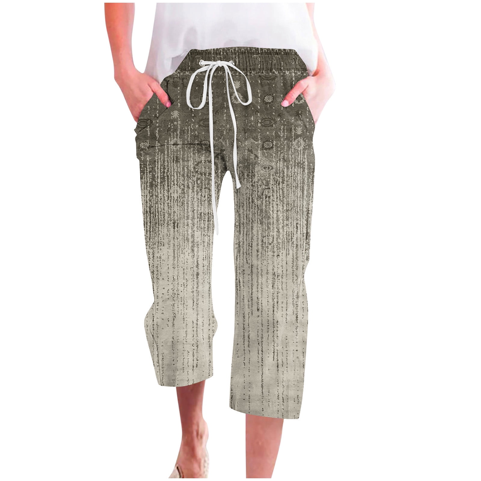 Boho Trousers for Women Plus Size Cotton Linen Trousers Women Elastic Waisted Casual Cropped ...