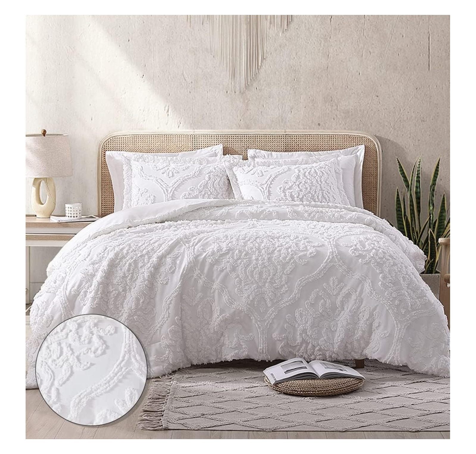 Boho Tufted Damask Bed in A Bag, 7 Pieces White Modern Textured ...