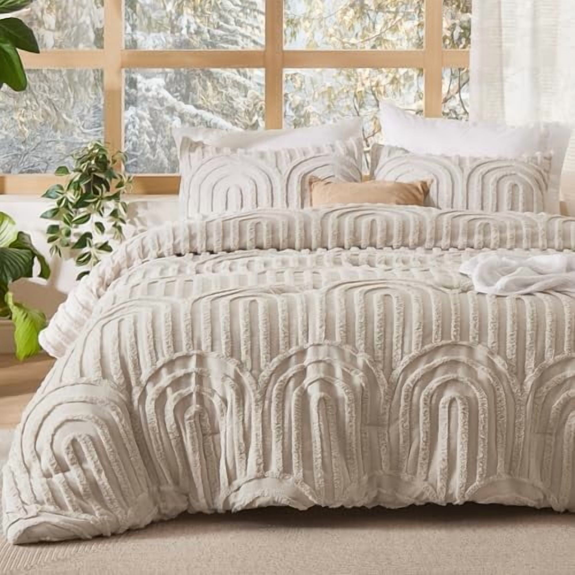 Boho Tufted Full Comforter Set - Beige Boho Bedding Comforter Sets, 3 ...