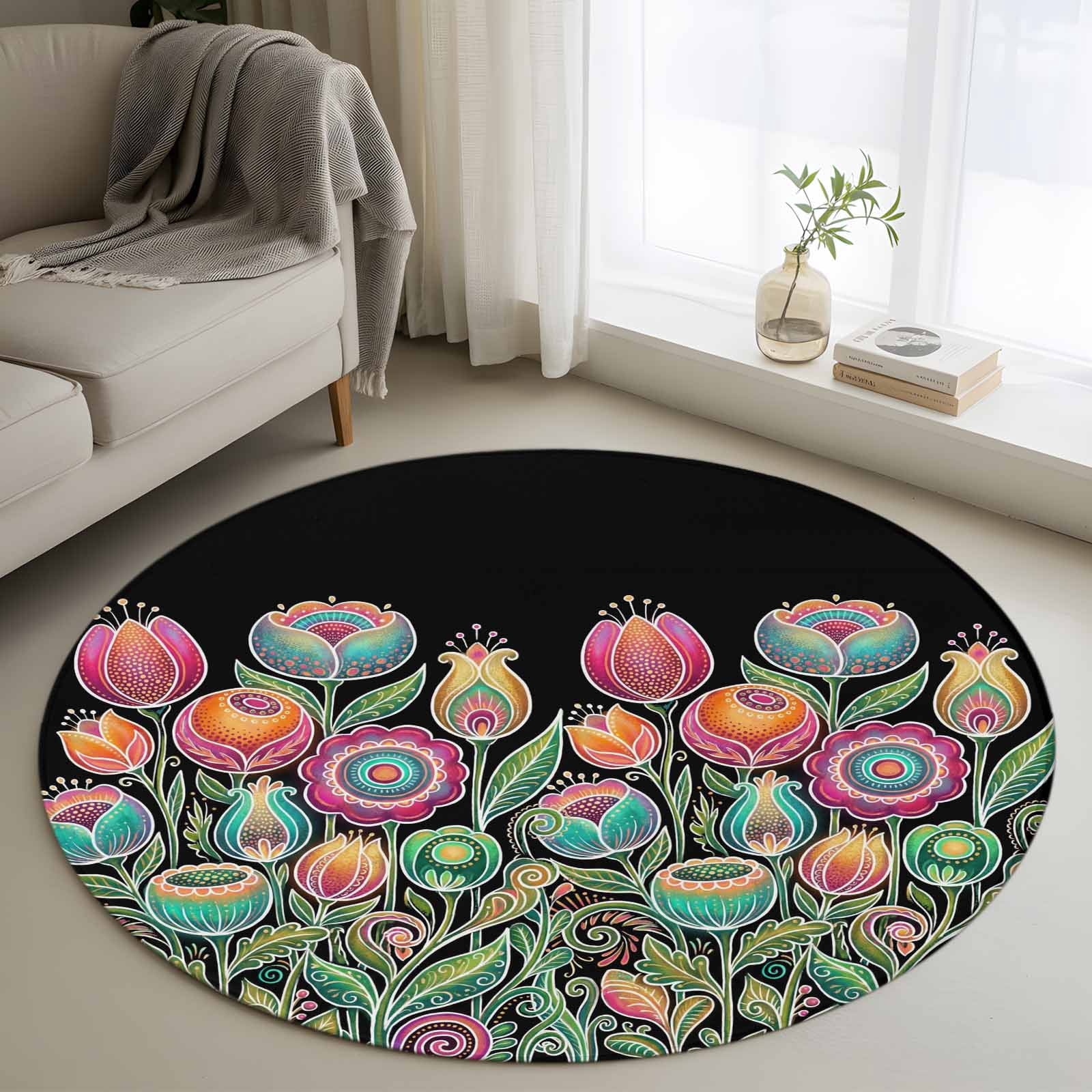 Boho Tulip Flower Round Area Rug 3.3Ft Washable Circle Rugs for Dining ...