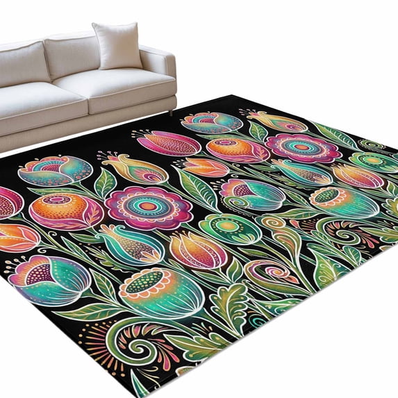 Boho Tulip Flower Washable Rug 5x8 Area Rug for Living Room Bedroom Non ...