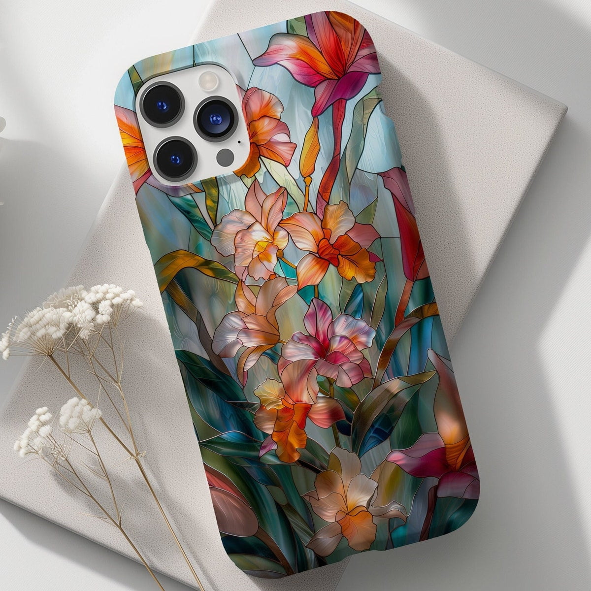 Boho Tulip Summer Stained Glass Mosaic Phone Case with iPhone 17 to 11 ...