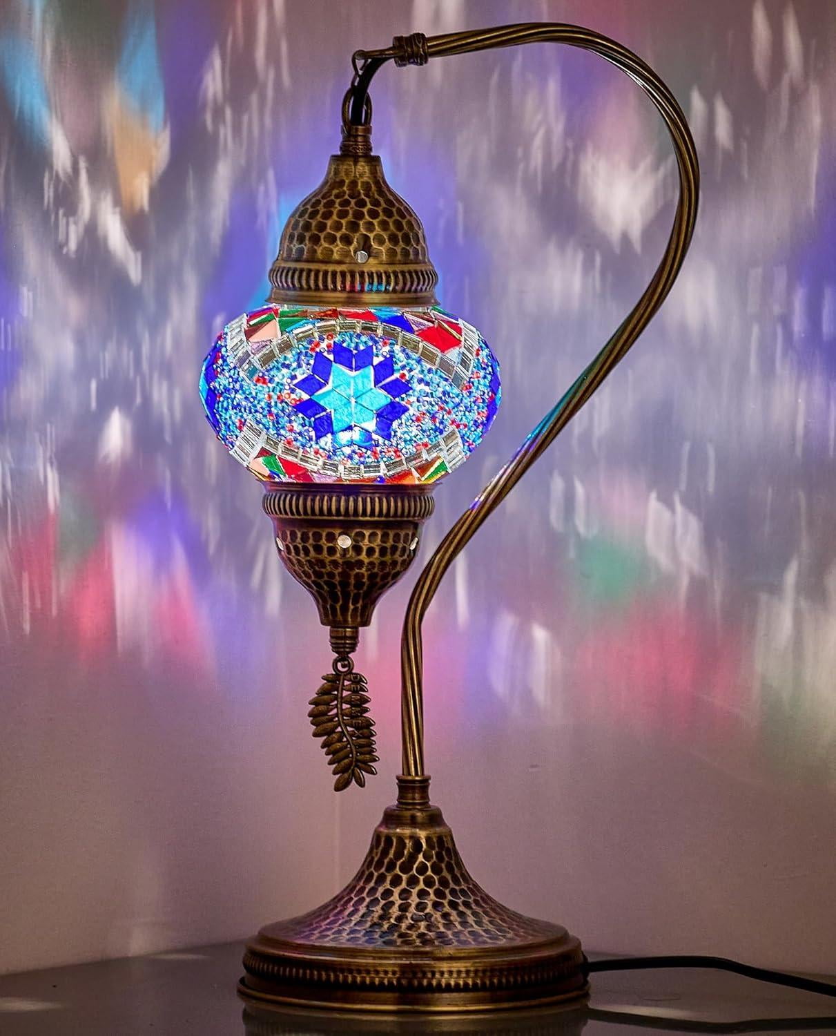 Boho Turkish-Moroccan mosaic lamp, 15" gooseneck, hammered base, blue ...