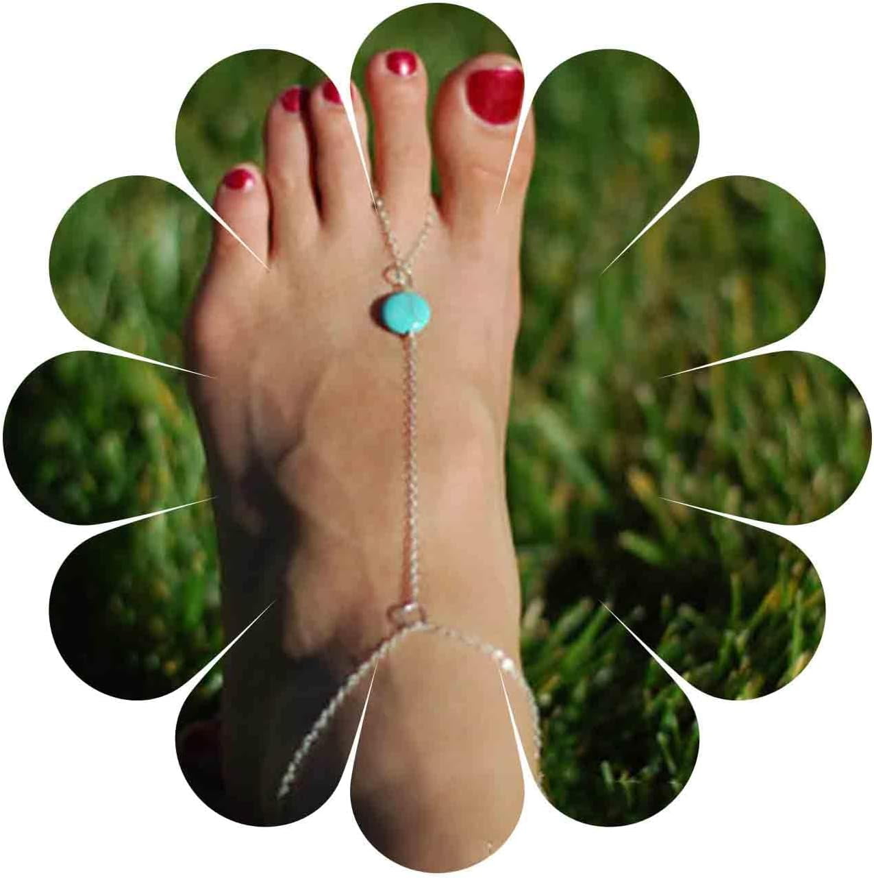 Boho Turquoise Barefoot Sandals Chain Anklet Silver Toe Ring Anklet ...