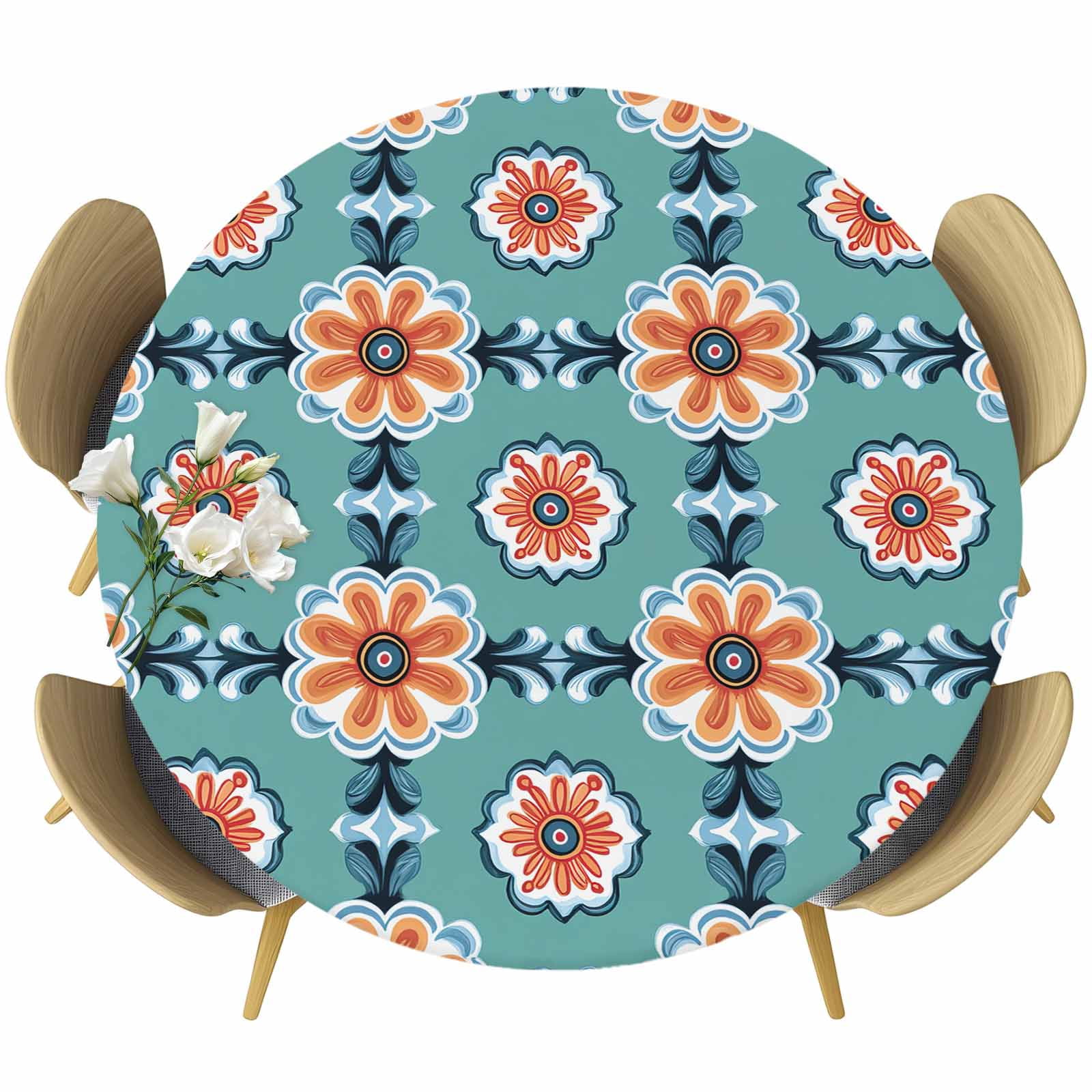 Boho Turquoise Round Tablecloth 45-54 Inch Round Fitted Table Cloth ...