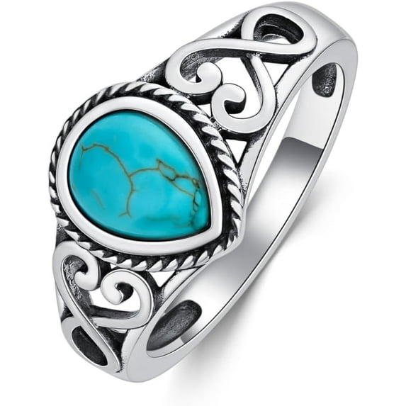 Boho Turquoise Stone Ring for Women 925 Sterling Silver Oxidized Pear ...