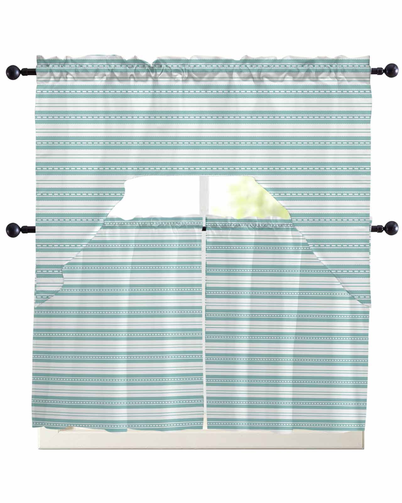 Boho Turquoise Stripe Kitchen Curtains Sets 36 Inch Length with Valance ...