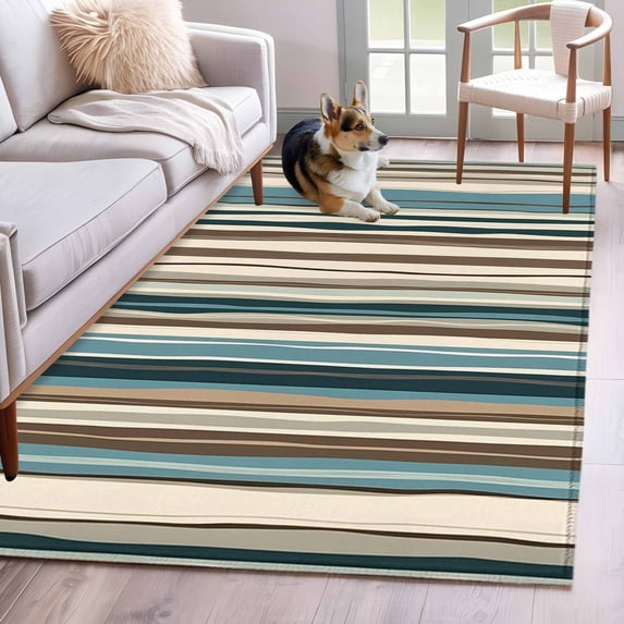 Boho Vertical Stripe Area Rugs 4x6 ft Green Beige Simple Lines Washable ...
