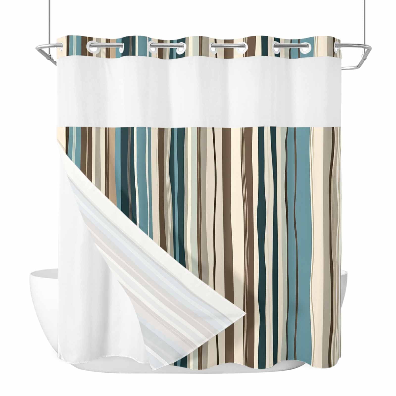 Boho Vertical Stripe No Hook Shower Curtain and Snap in Liner Set ...