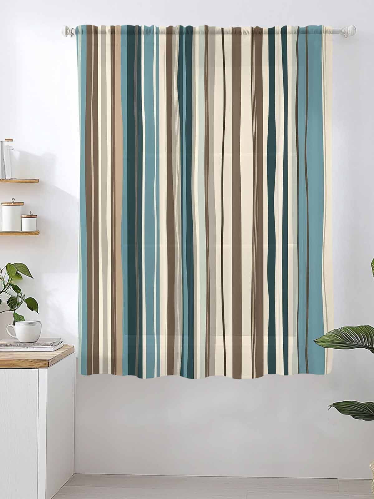 Boho Vertical Stripe Sheer Curtains 63 Inch Long 1 Panel Green Beige ...