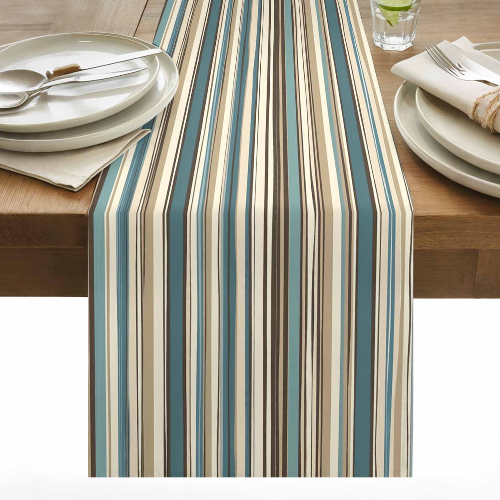 Boho Vertical Stripes Table Runner 13x90 inch Green Beige Simple Lines ...