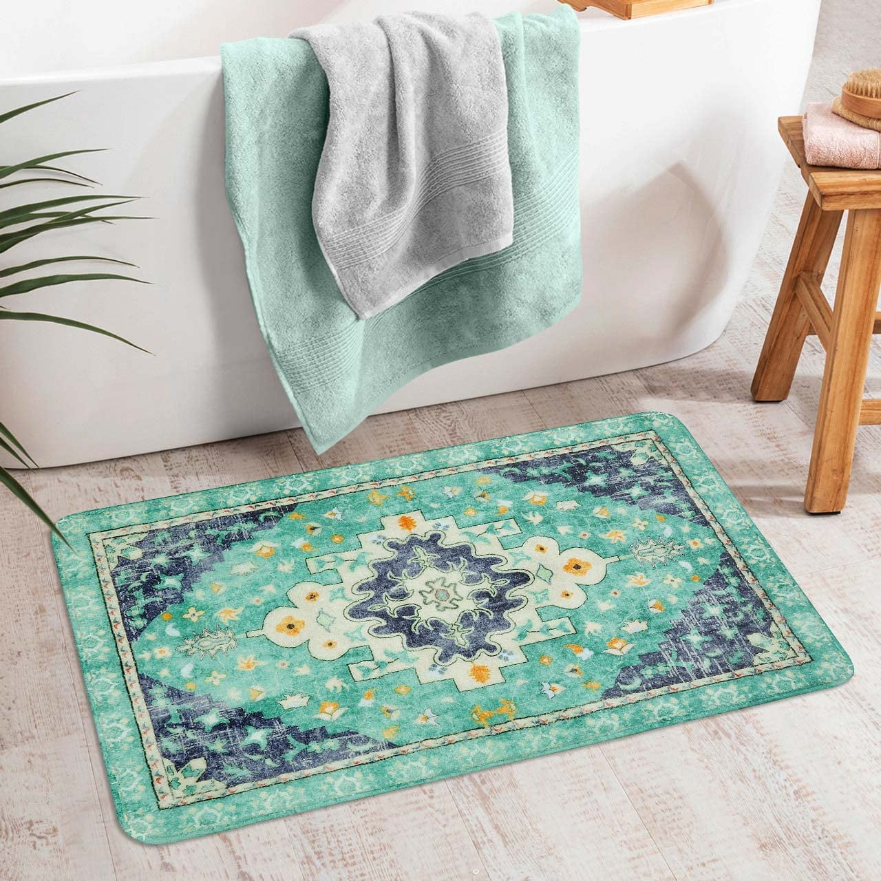 Boho Vintage Bathroom Rug Green Non-Slip Soft Bath Rug Machine Washable ...