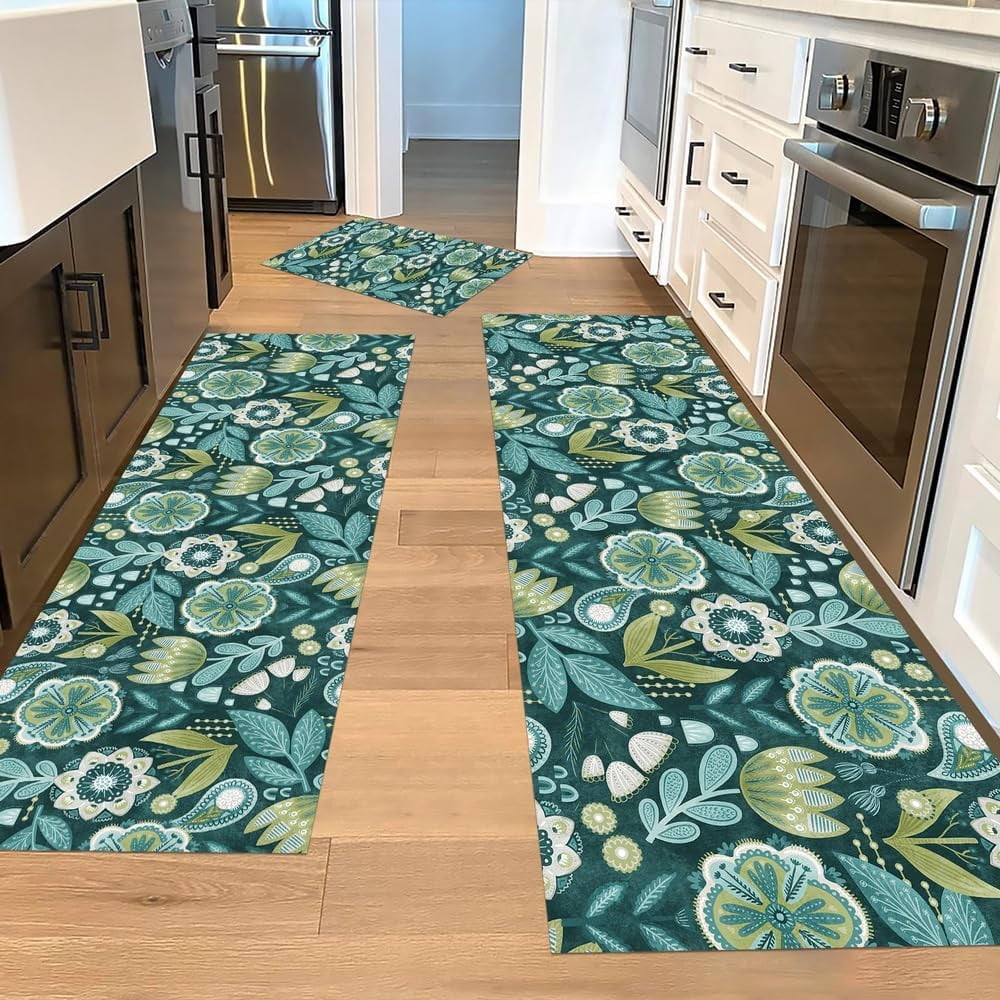 Boho Vintage Botanical Kitchen Rugs Sets of 3,Non Slip Rubber Kitchen ...