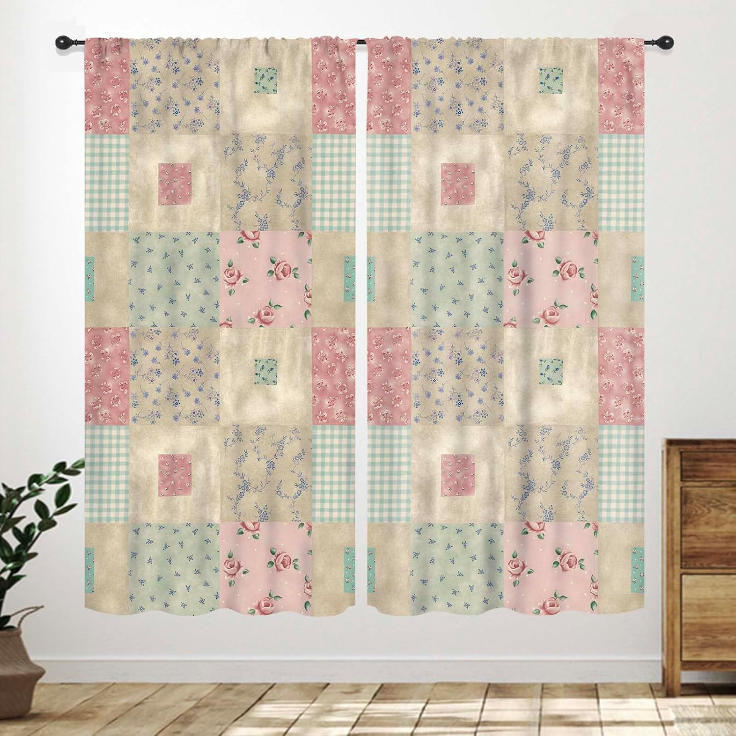 Boho Vintage Curtains,Pink Patchwork Floral Colorful Wildflower ...