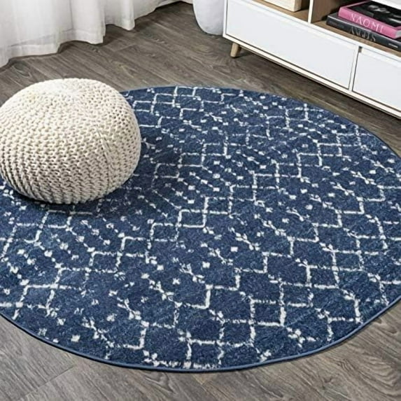 Boho Vintage Diamond Blue/White Round Area Rug 5 ft, Moroccan Hype for ...