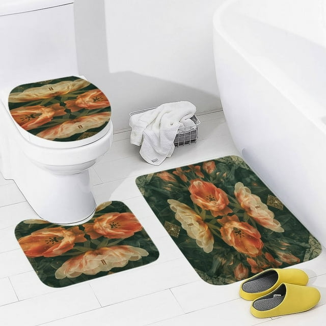 Boho Vintage Floral 3 Pieces Bath Mats Set, Non-Slip Washable Cover ...
