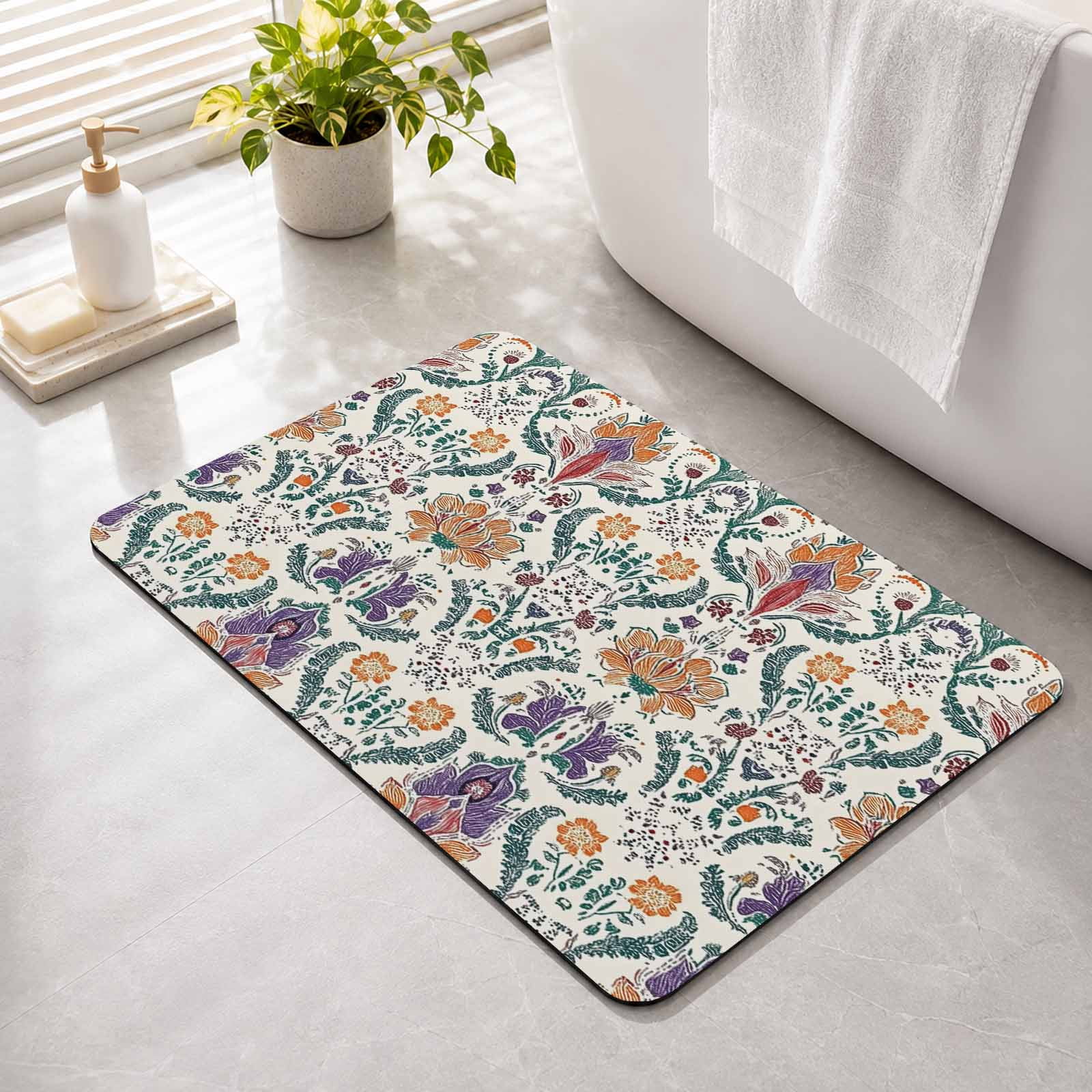 Boho Vintage Floral Non Slip Bathroom Mat, Peony Leaf Bud Vintage ...