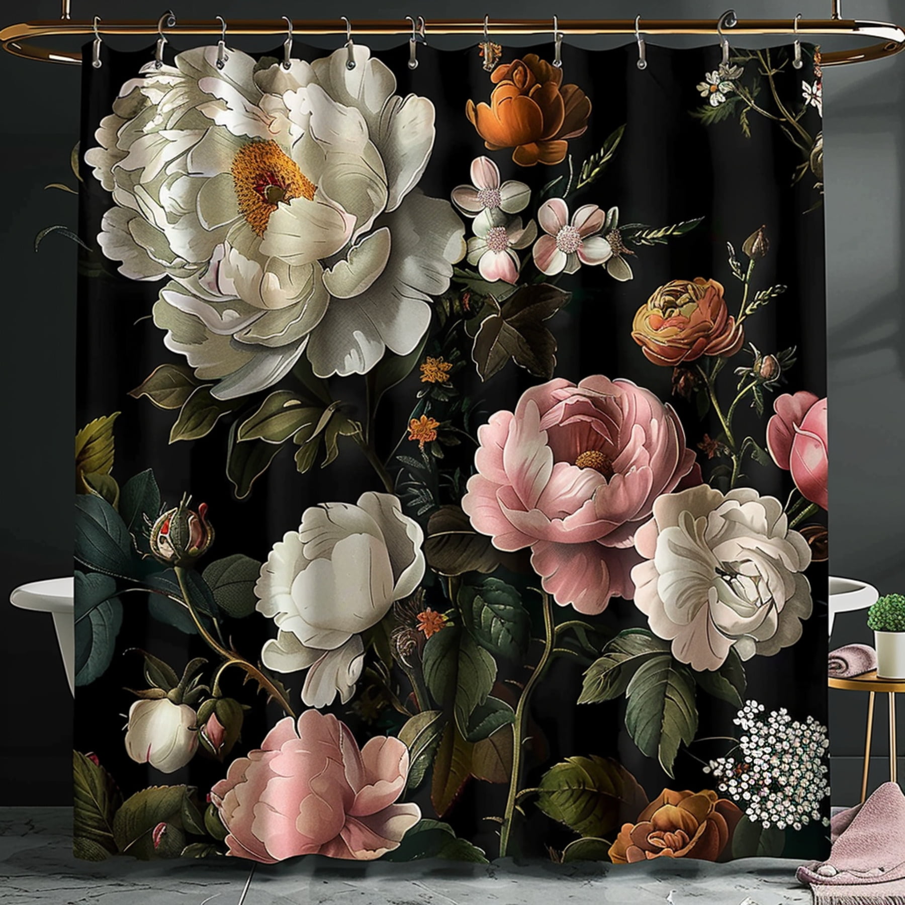 Boho Vintage Floral Shower Curtain Peonies And Roses Design On Black
