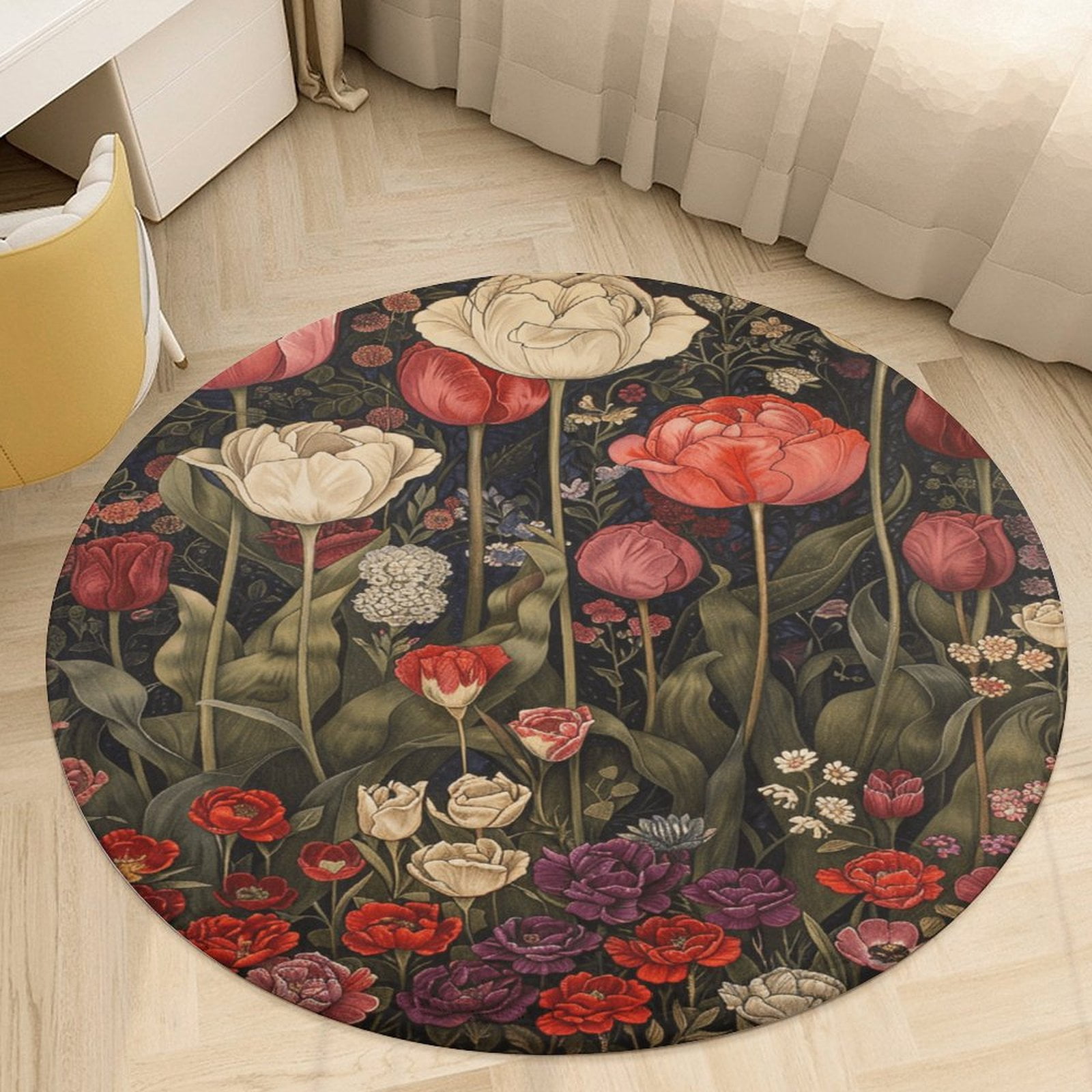 Boho Vintage Floral Soft Bedroom Round Area Rug, Washable Cute Circle ...