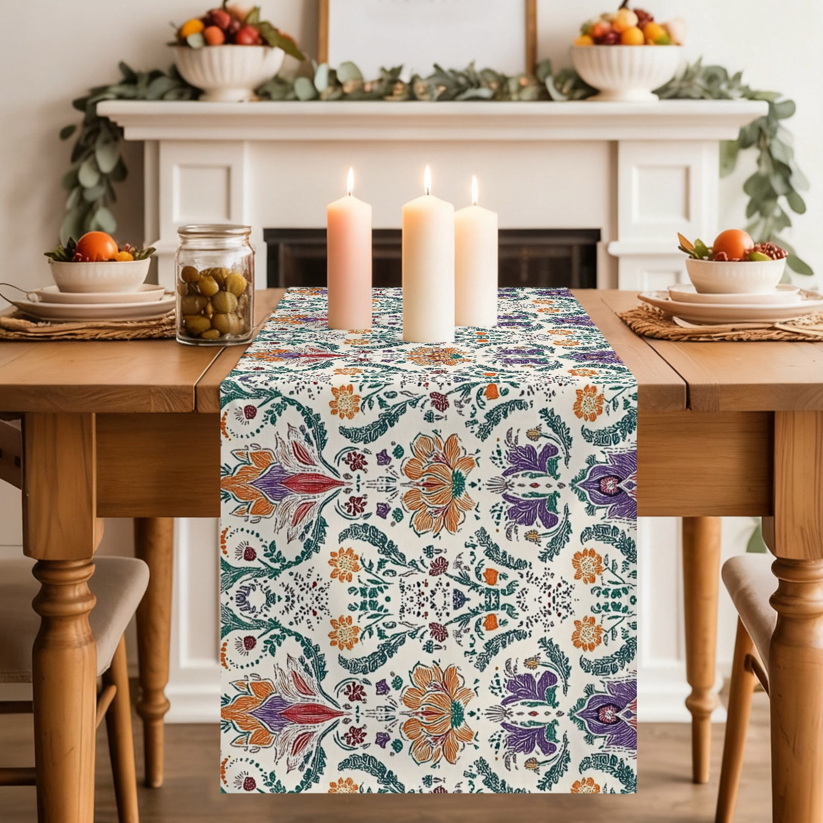 Boho Vintage Floral Table Runner, Peony Leaf Bud Vintage Ethnic Style ...