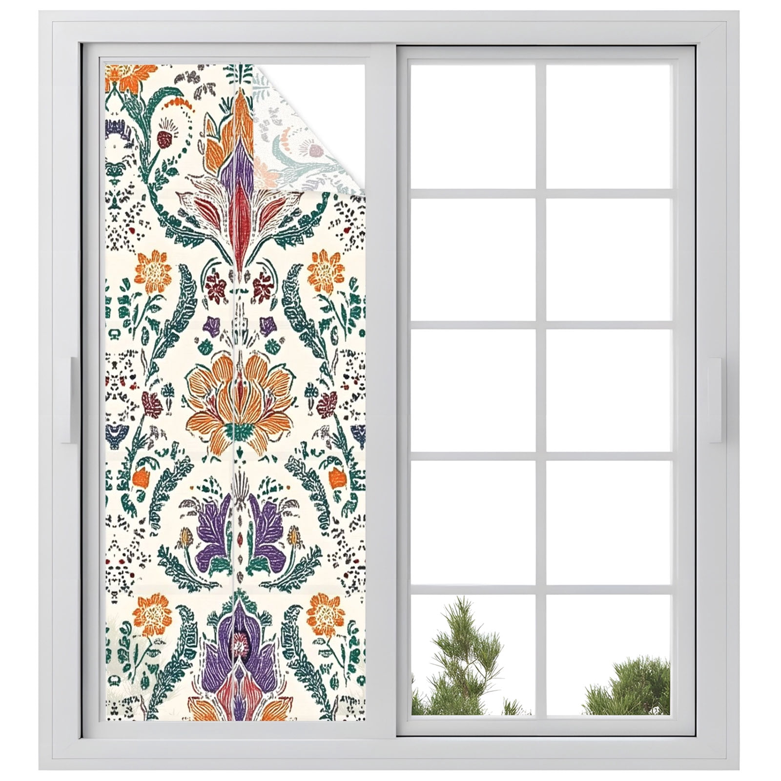 Boho Vintage Floral Window Privacy Film, Peony Leaf Bud Vintage Ethnic ...