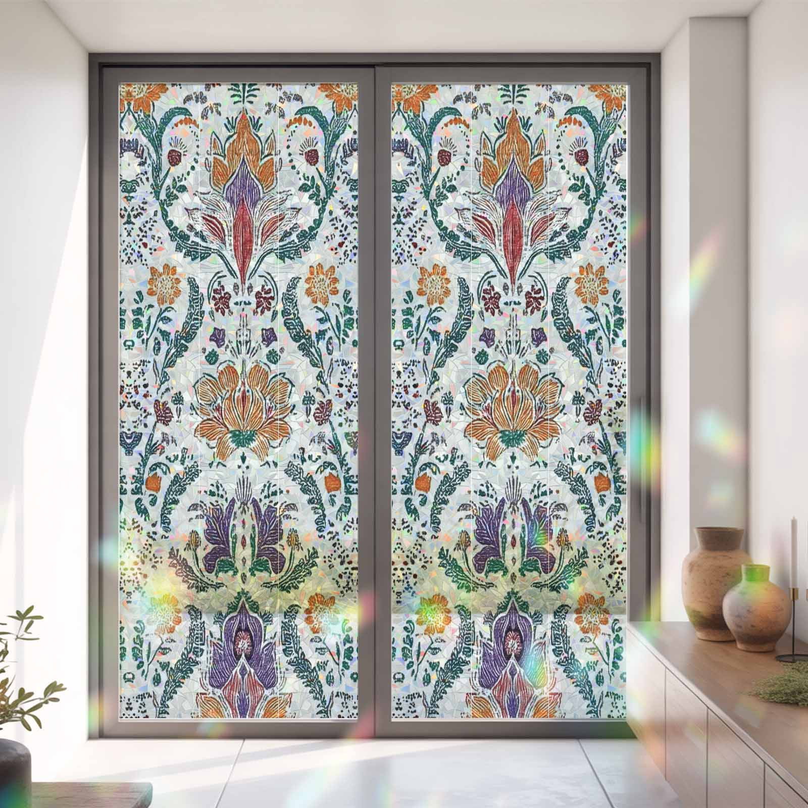 Boho Vintage Floral Window Privacy Film Peony Leaf Bud Vintage Ethnic ...