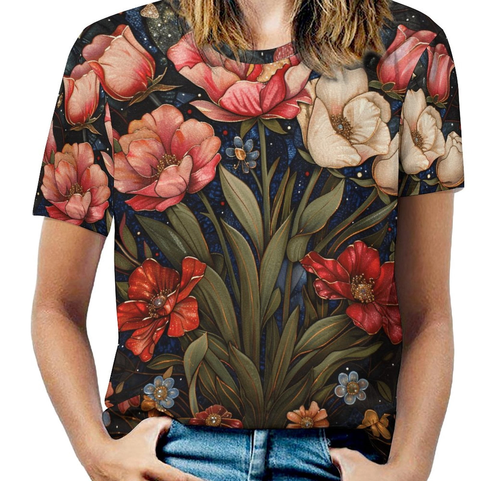 Boho Vintage Floral Women's Short Sleeve Tops Casual Blouses T Shirt ...