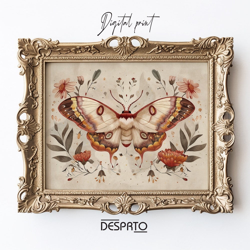 Boho Vintage Flower Moth Print, Moody Butterfly Wall Decor, Butterfly ...