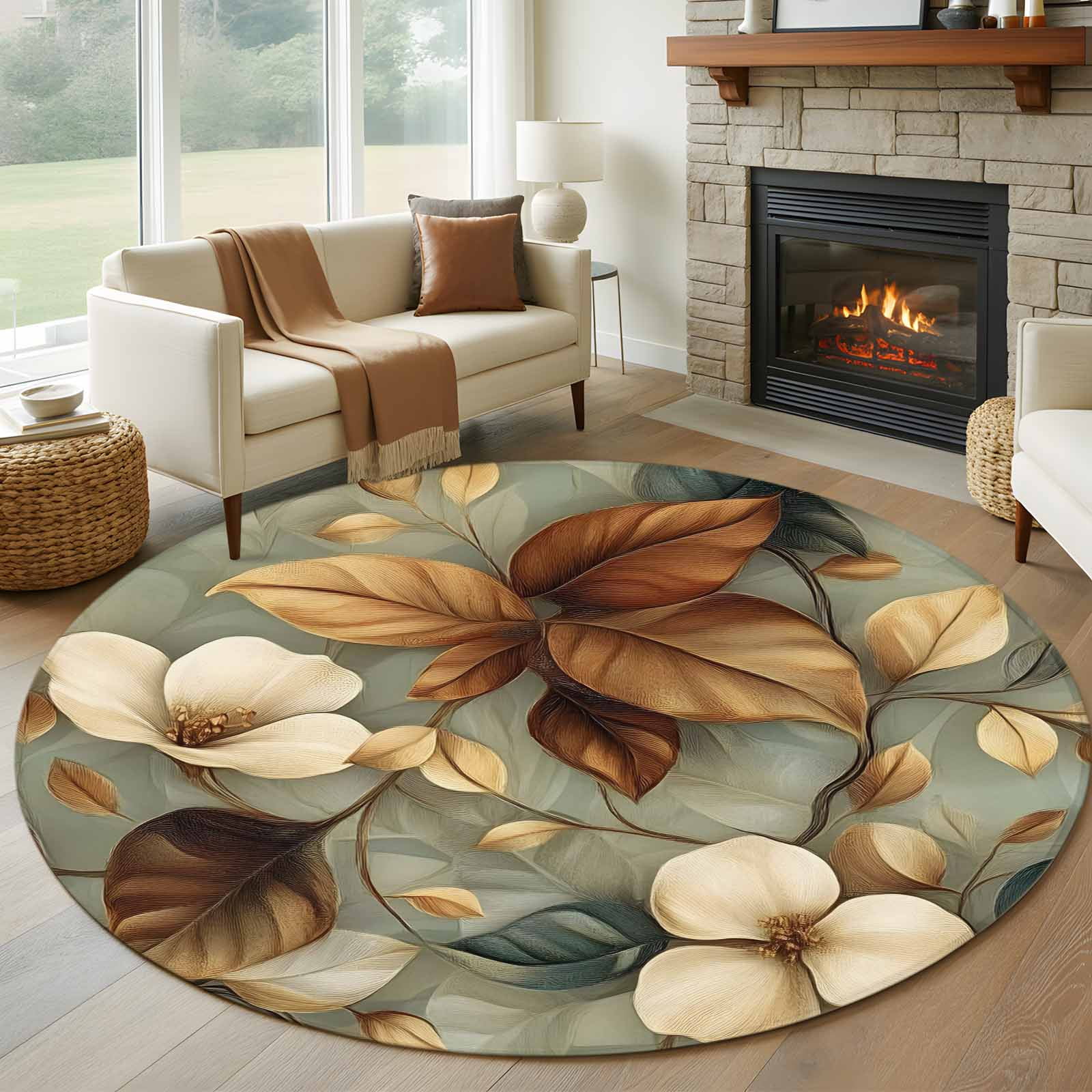 Boho Vintage Flower Round Area Rug 5 FT, Non Slip Bedroom Rugs ...