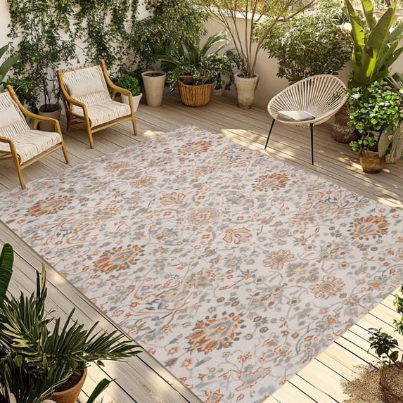 Boho Vintage Outdoor Rug, Tribal Style Flowers Non-Slip Area Rugs ...