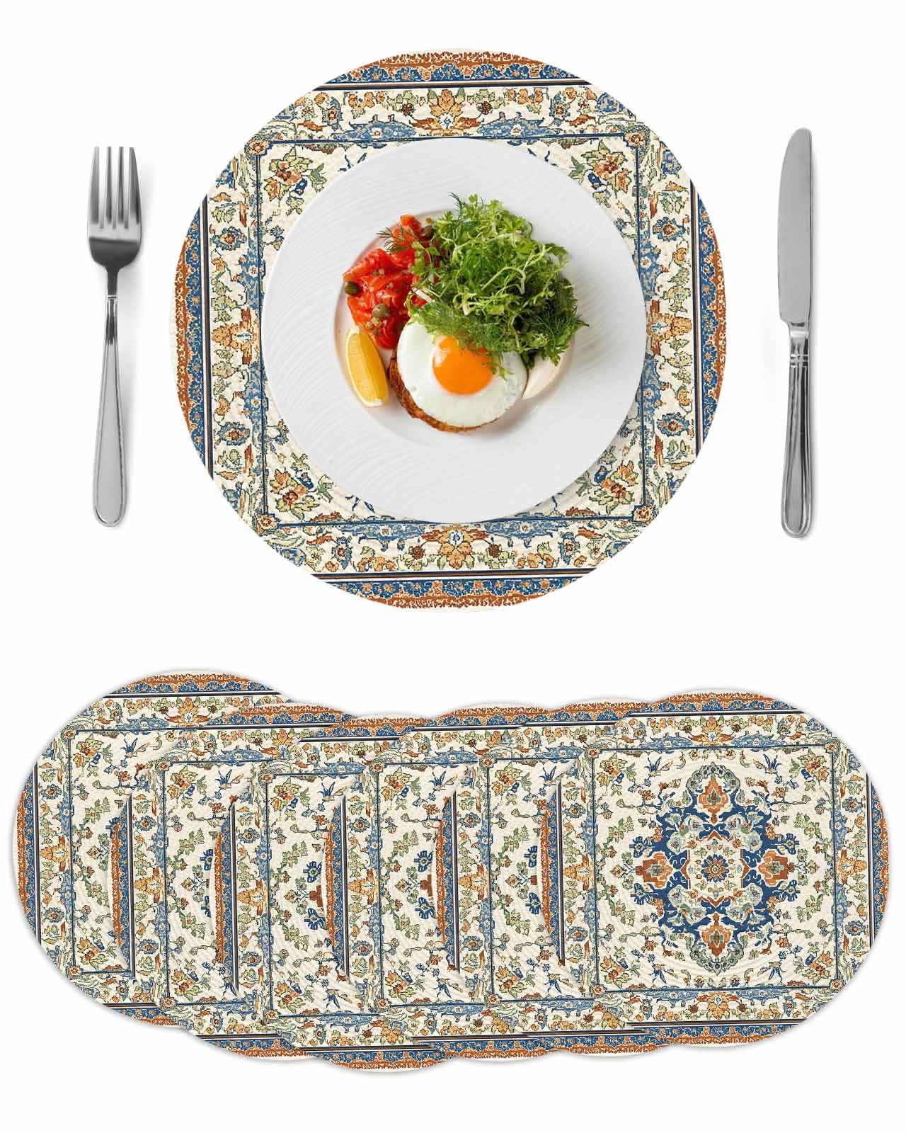 Boho Vintage Round Table Placemats set of 6, Ethnic Tribal Aztec Floral ...