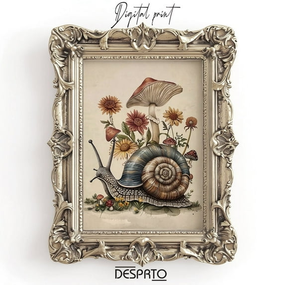 Boho Vintage Snail Flower Mushrooms Print, Moody Snail Wall Decor ...