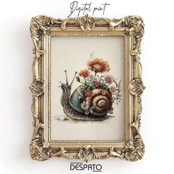 Boho Vintage Snail Flower Print, Moody Flower Snail Wall Decor, Snail ...