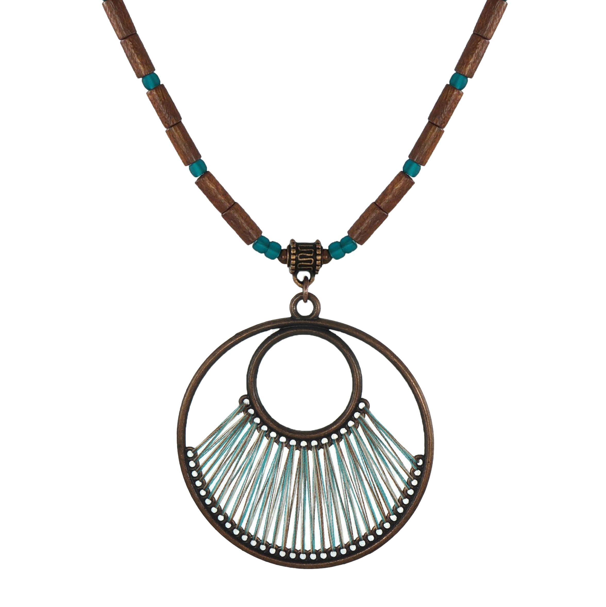 Boho Vintage Style Copper Thread Pendant Wood Beaded Necklace-20 ...