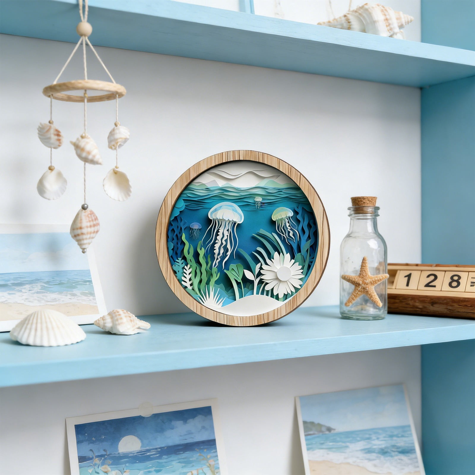 Boho Vintage Sun Round Wall Art Decor Framed, Neutral Sunrise Mountain ...