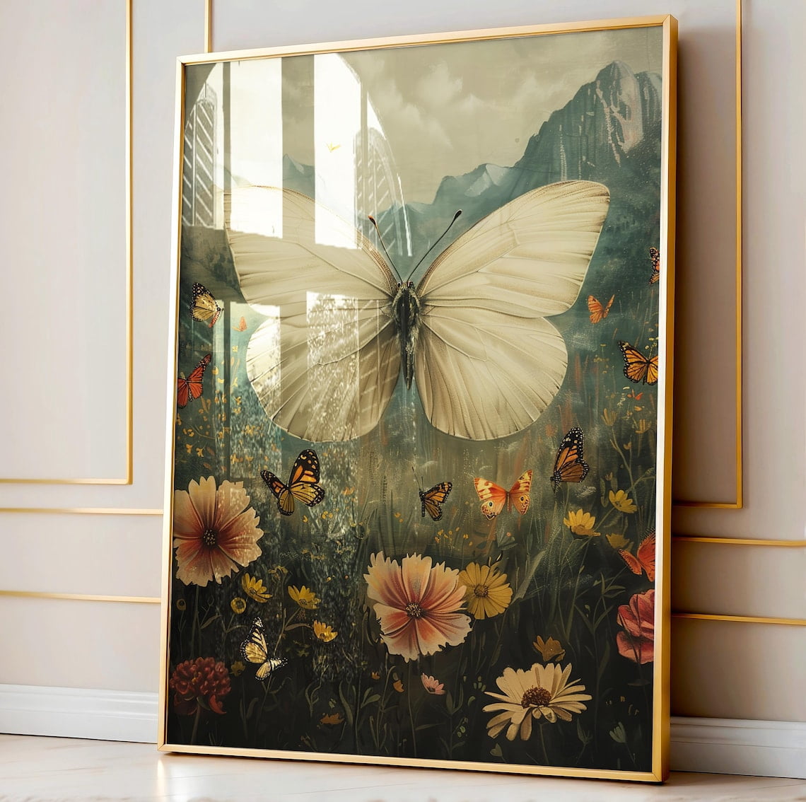 Boho Vintage White Butterfly Art Dark Moody Insect Cottagecore Wall ...