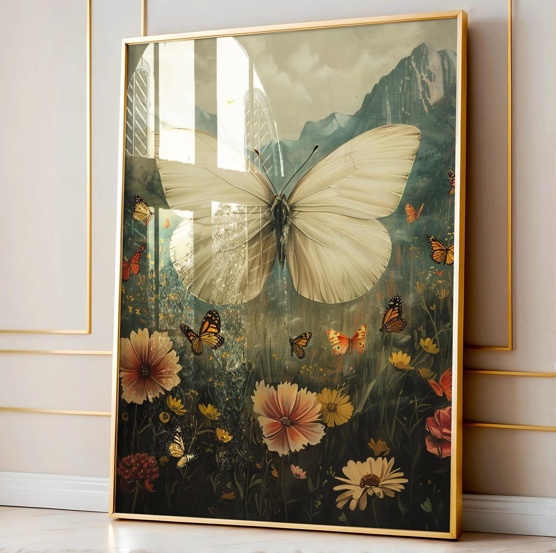 Boho Vintage White Butterfly Art Dark Moody Insect Cottagecore Wall ...