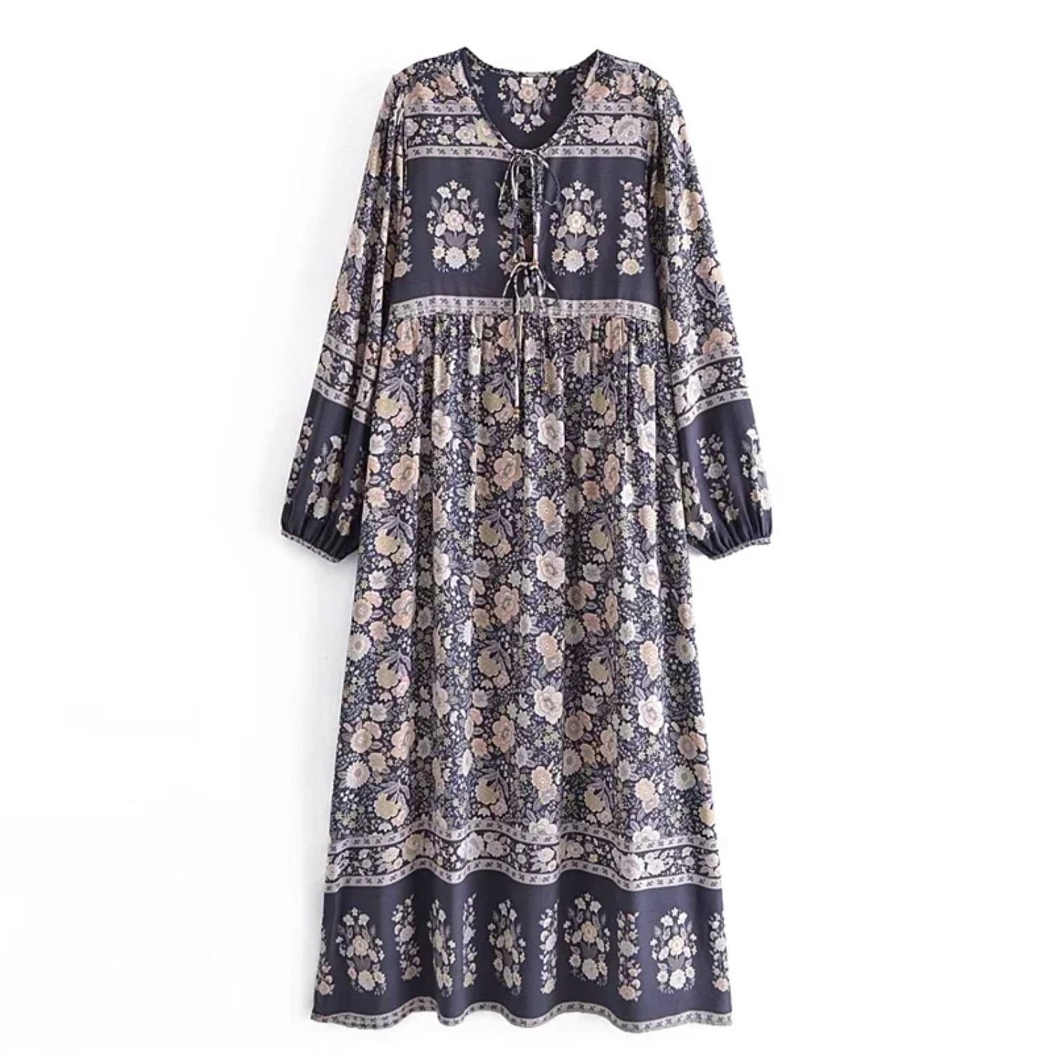 Boho Vintage Women Long Sleeve Floral Print Tie Neck Beach Bohemian ...