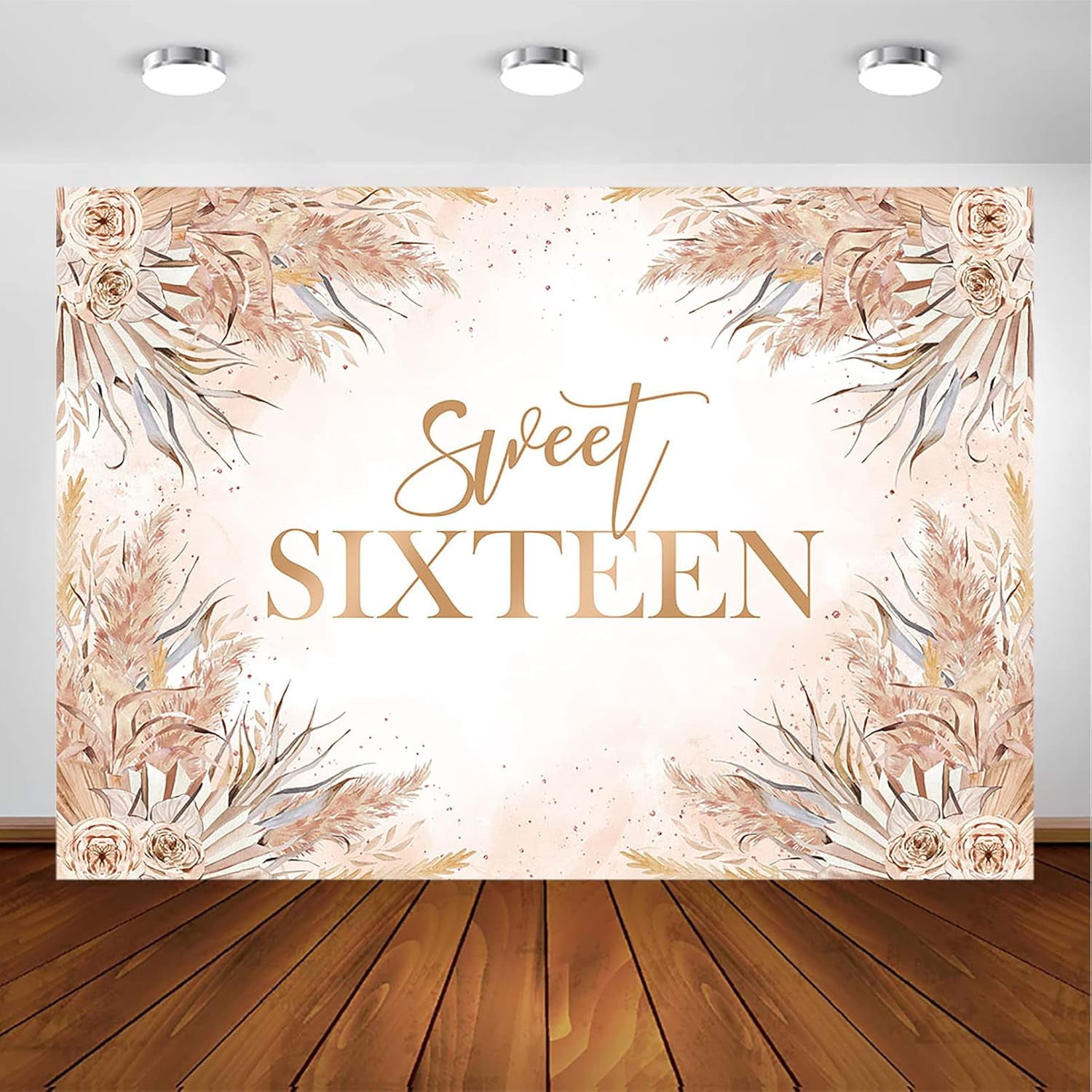 Boho Vinyl Birthday Backdrop, Beige, , Bohemian Pampas Grass Decoration ...