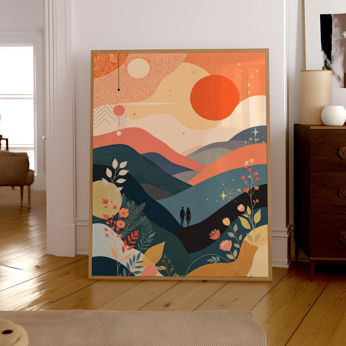 Boho Wall Art, Abstract Mountain Landscape Print With Sun & Flowers ...