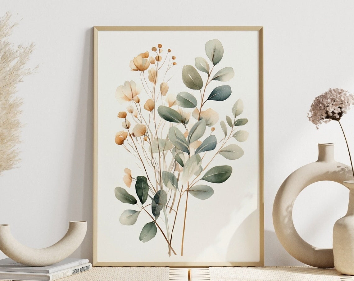 Boho Wall Art: Eucalyptus Branches And Flowers Watercolor Plant Poster ...