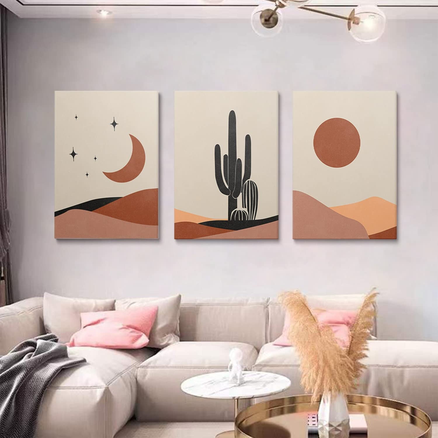 Boho Wall Art Framed Canvas Print Posters Moonlight Over The Desert Cactus Wall Decor Abstract ...