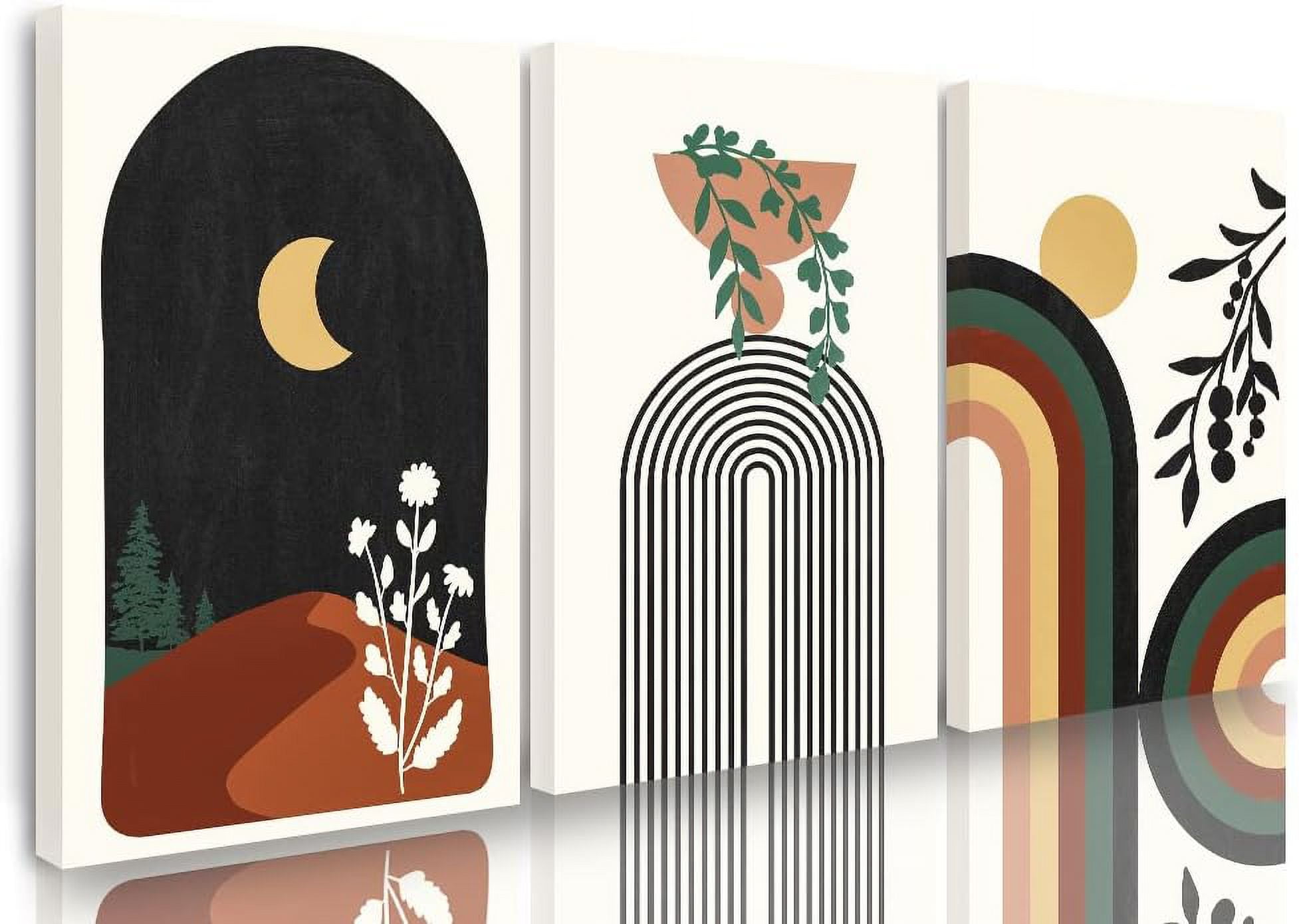 Boho Wall Art Set of 3,Mid Century Modern Decor,Minimalist Black Beige ...