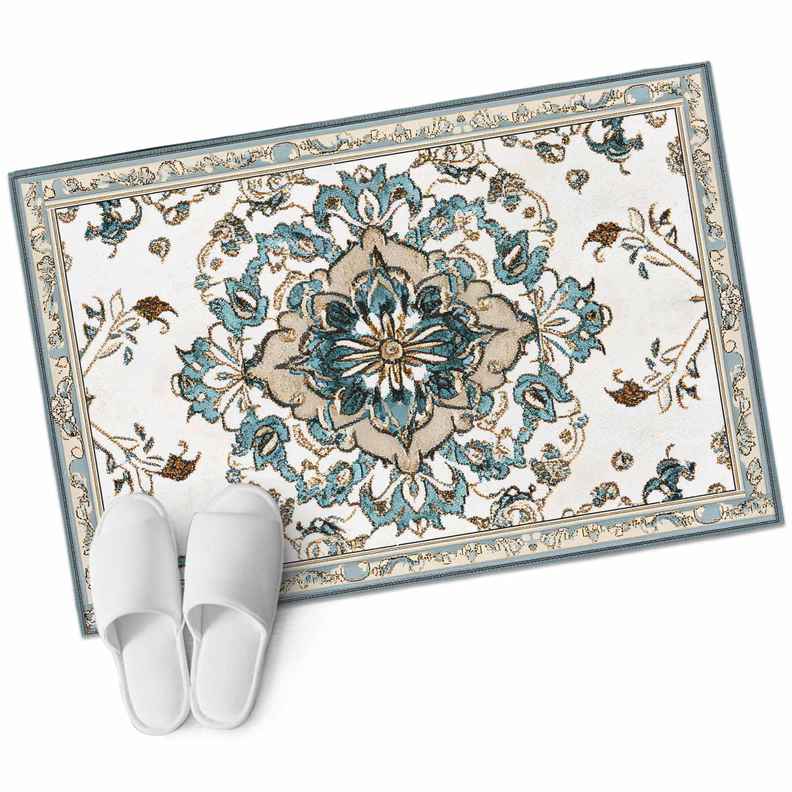 Boho Washable Area Rug 2 x 3 ft Retro Blue Floral , Soft Non Slip Rugs ...