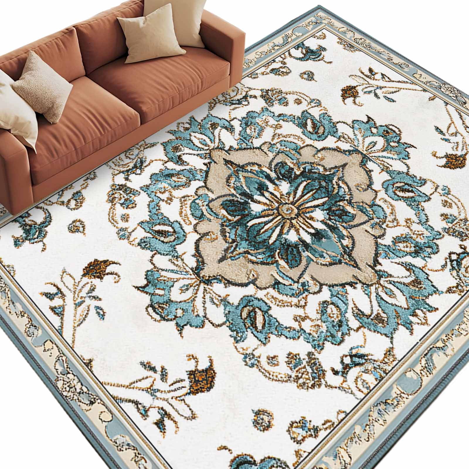 Boho Washable Area Rug 5 x 8 ft Retro Blue Floral , Soft Non Slip Rugs ...