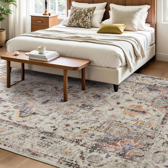 Boho Washable Rug 5x7, Vintage Multi Non Slip Area Rug, Distressed ...